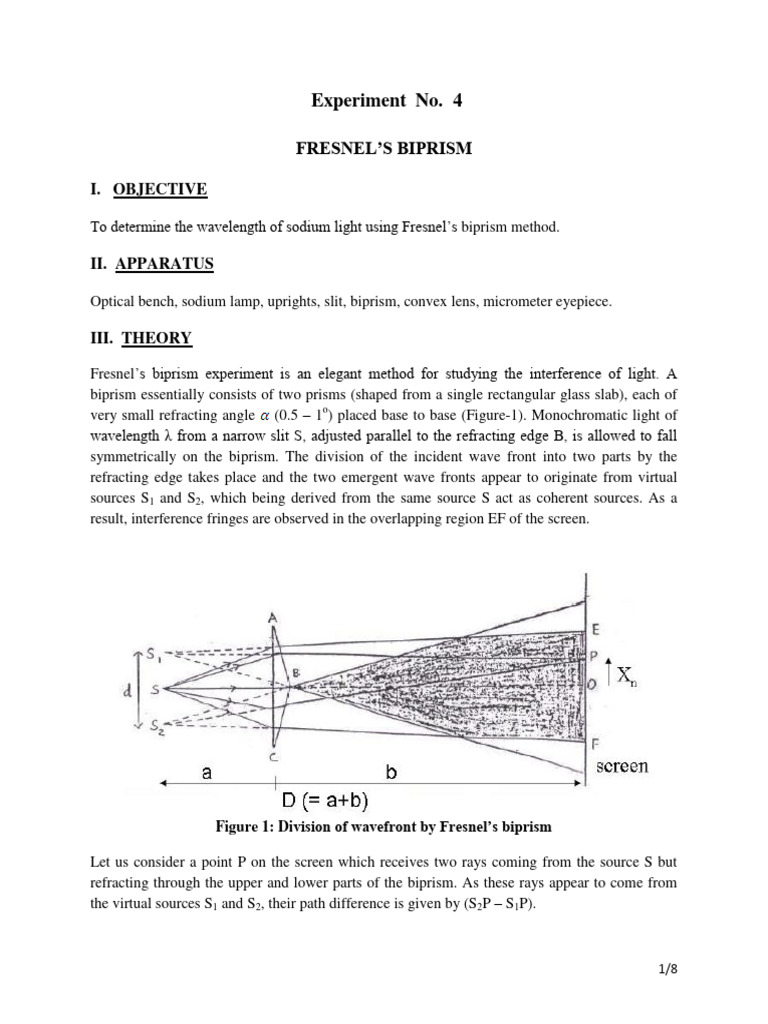 Fresnel Biprism Lab Report | PDF | Optics | Refraction