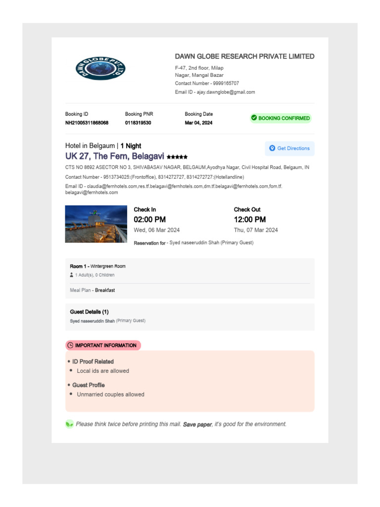 Belgaum Hotel Booking Confirmation | PDF