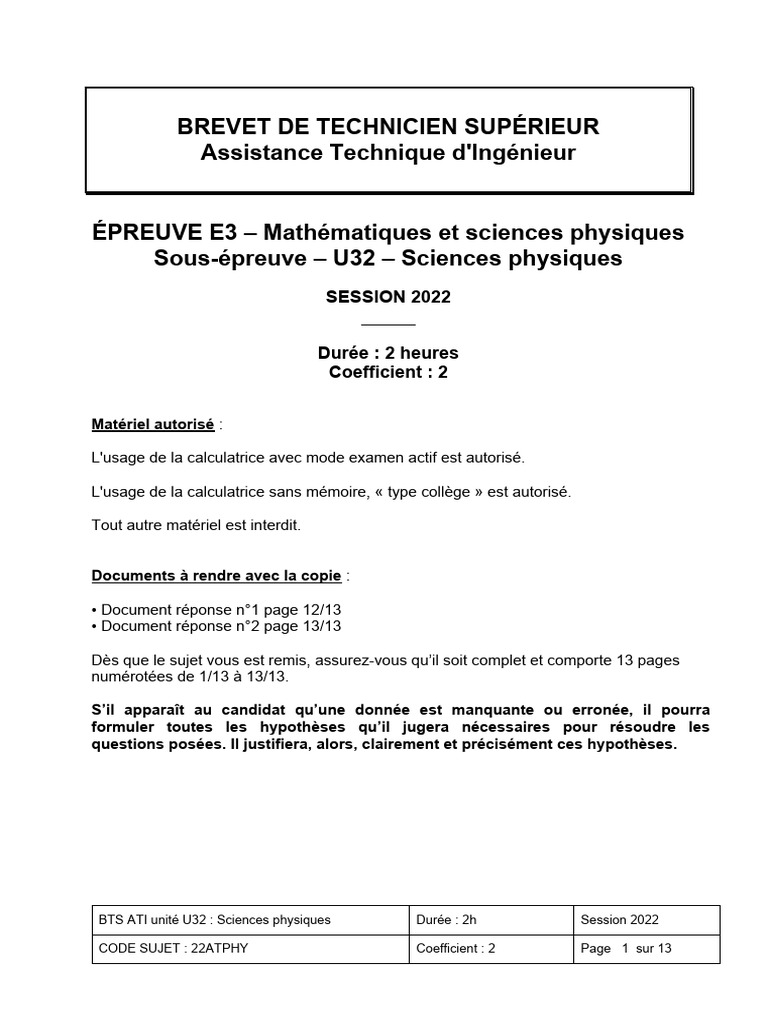 Sujet BTS ATI U32 Physique 2022 | PDF