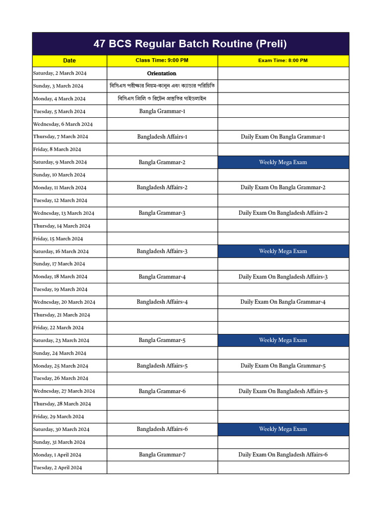 47 BCS Preli Regular Batch Routine - Sheet1 | PDF