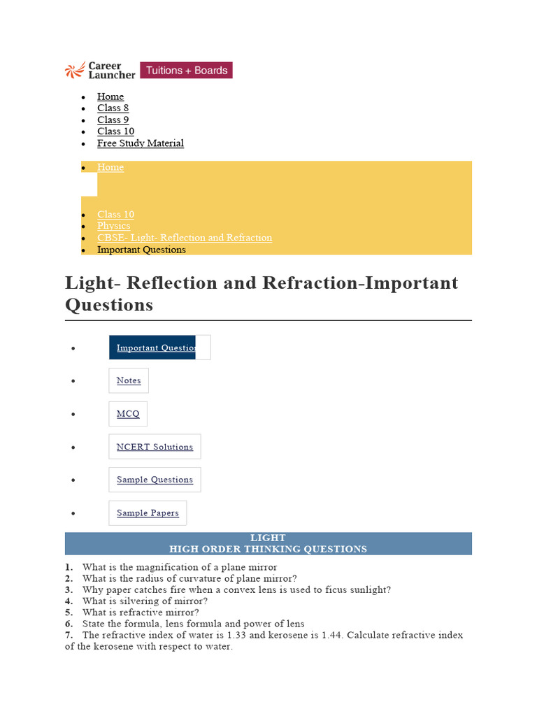 Light-Reflection and Refraction-Important Questions: Home Class 8 Class ...