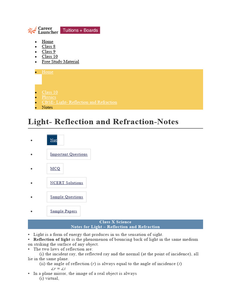 Light-Reflection and Refraction-Notes: Home Class 8 Class 9 Class 10 ...