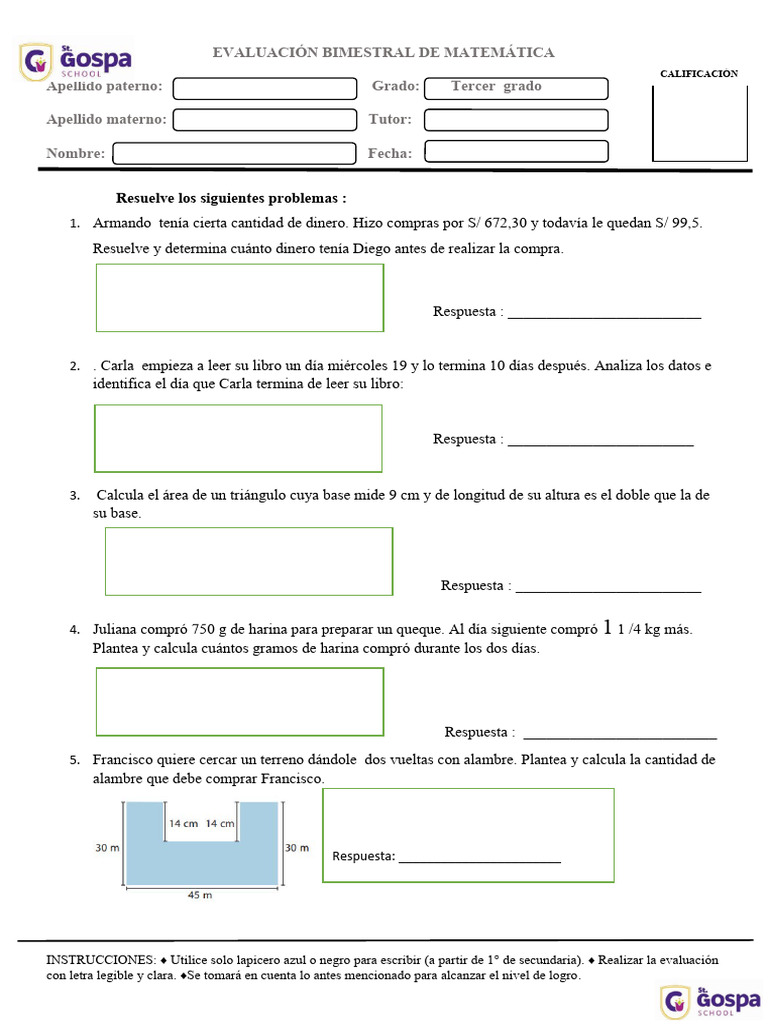 Examen Bimestral de Matemática - Tercer Grado | PDF | Geometría del ...