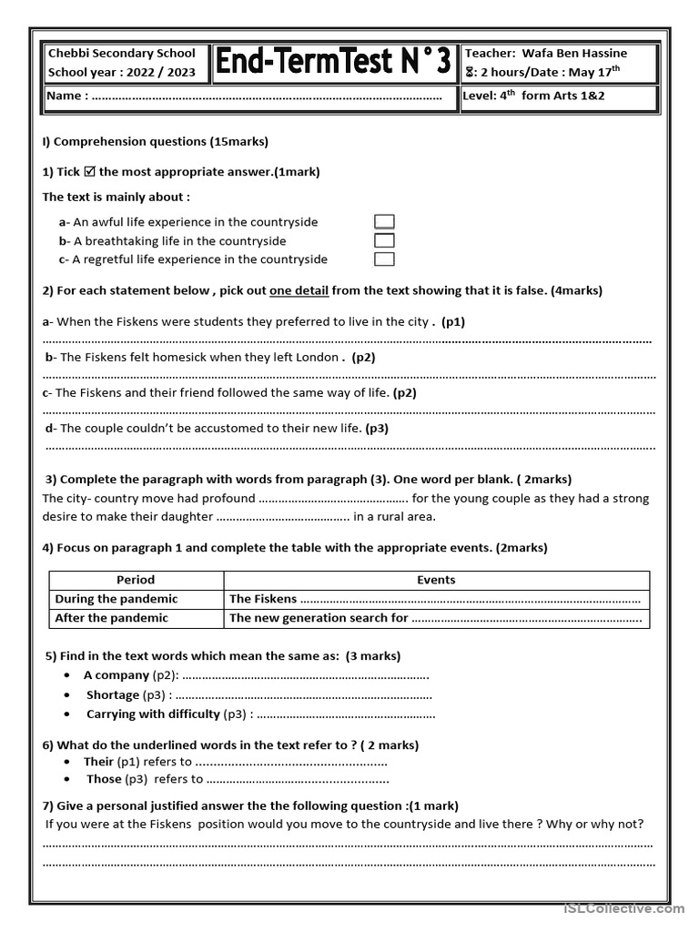 End Term Test # 3 - 4th Form | PDF