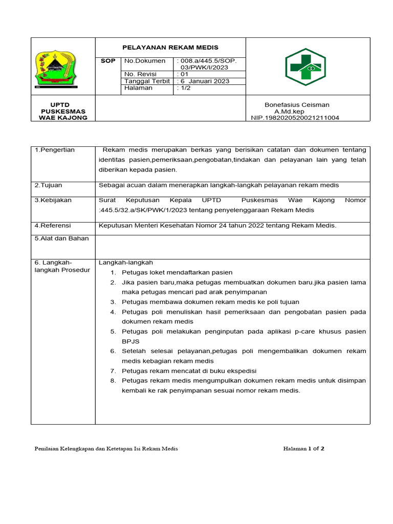 Sop Pelayanann Rekam Medis Edit | PDF | Kesehatan Holistik | Sains & Matematika