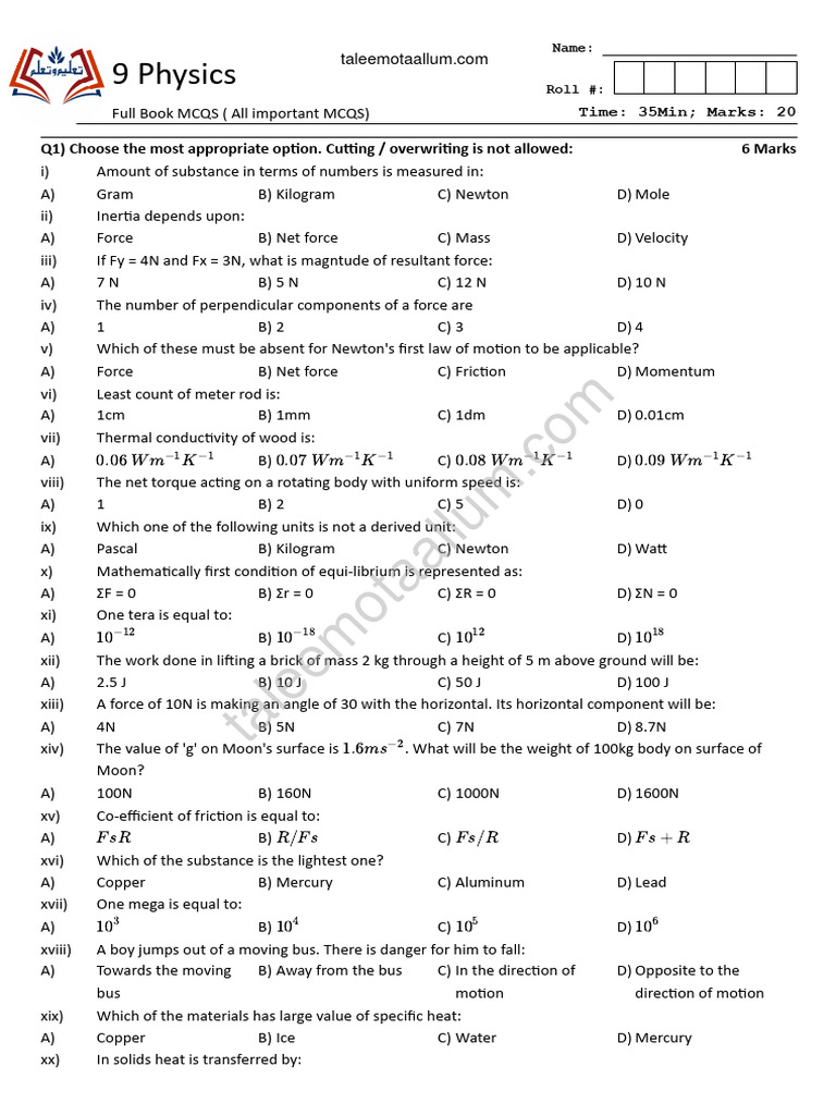 9 Physics - Full Book MCQS English | PDF | Force | Acceleration