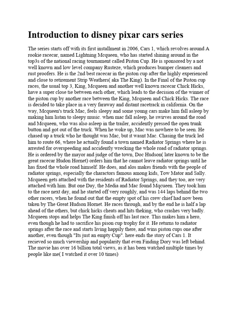 Introduction to Disney Pixar Cars Series | PDF | Motorsport ...