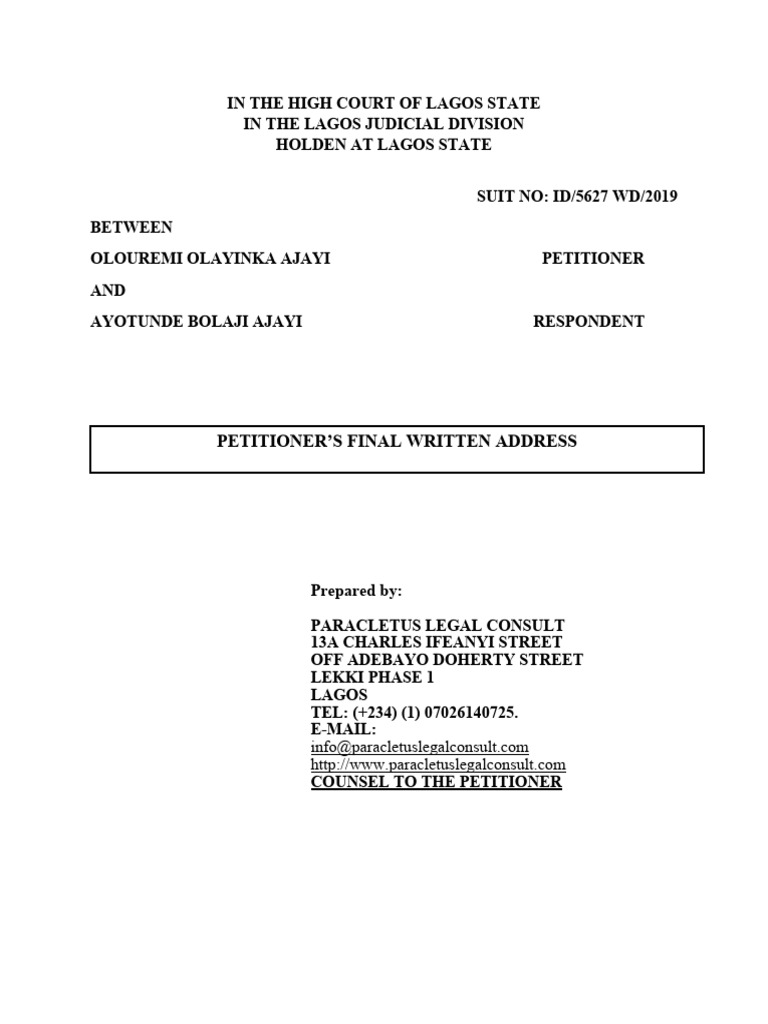 Final Written Address - Ajayi v. Ajayi | PDF | Judgment (Law) | Lawsuit