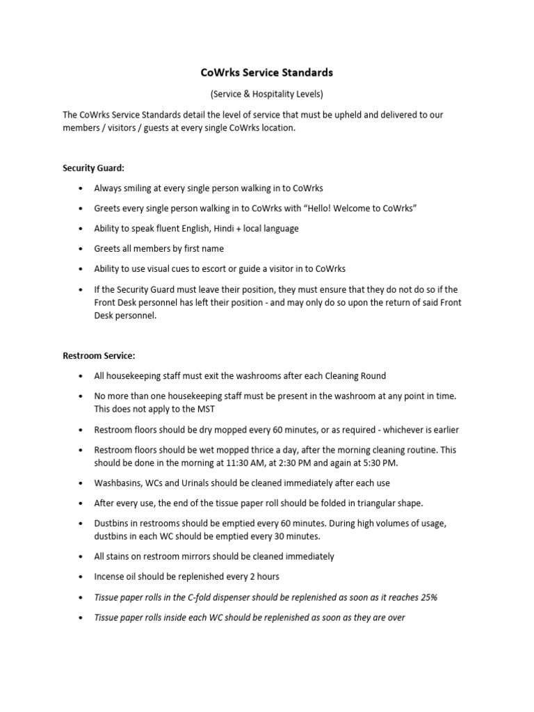 CoWrks Service Standards Overview | PDF | Tableware | Public Toilet