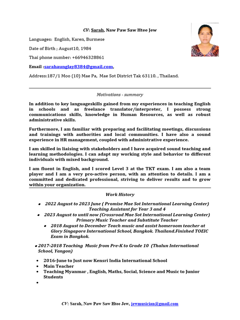 New CV Form Sarah Aunglay | Download Free PDF | English As A Second Or ...