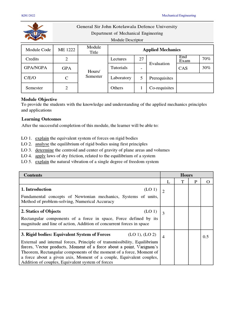 ME 1222 Applied Mechanics - Module Descriptor | PDF | Force | Center Of ...