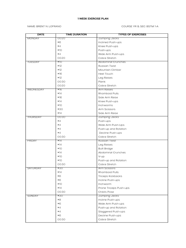 1 Week Exercise Plan | PDF