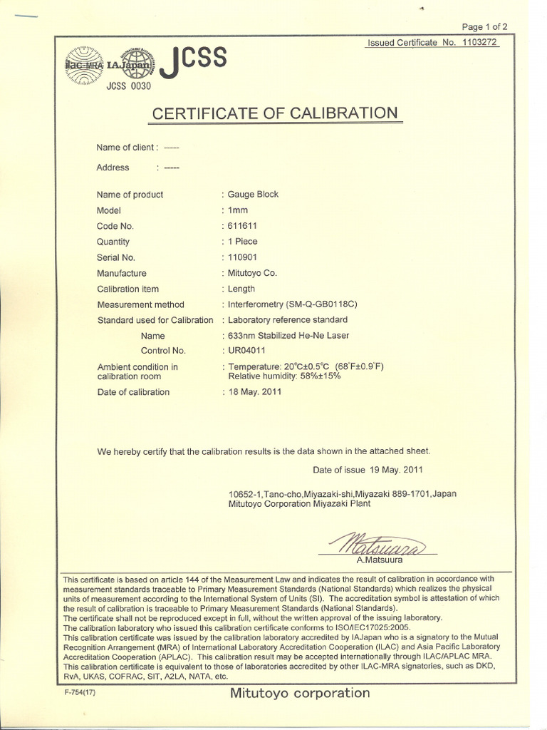 CERTIFICATE OF CALIBRATION - Mitutoyo | PDF