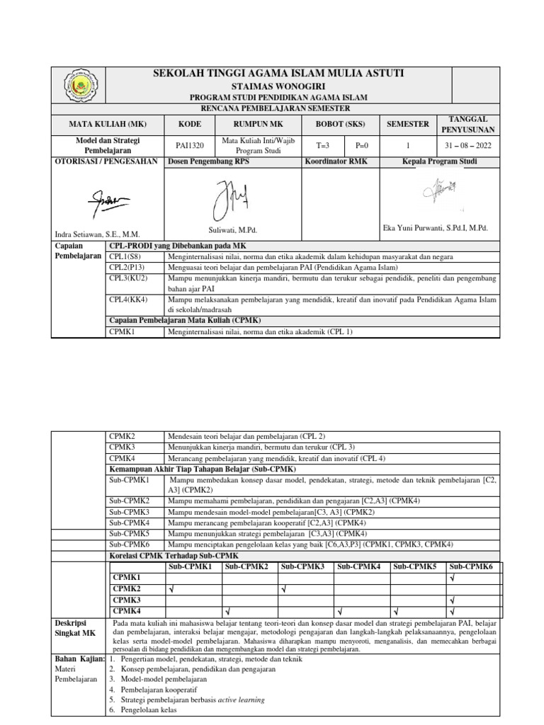 RPS Model Dan Strategi Pembelajaran | PDF