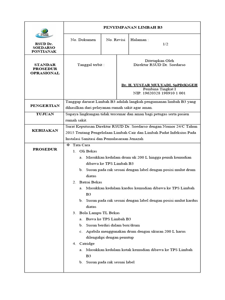 Sop Penyimpanan Limbah B3 | PDF