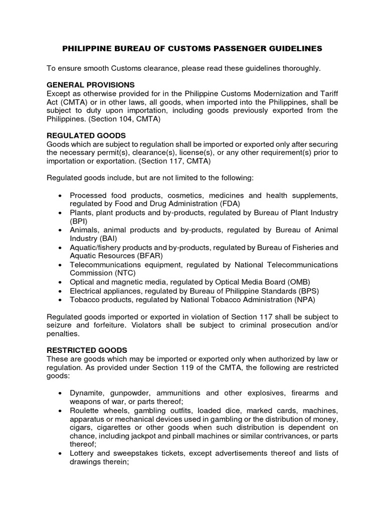 Philippine Customs Passenger Guidelines | PDF | Tax Exemption | Customs