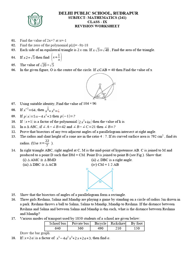 Class IX Math Revision Worksheet | PDF | Area | Triangle