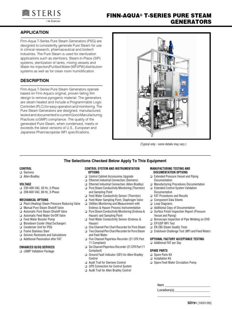 STERIS_Finn-Aqua-T-Series-Pure-Steam-Generator_TDS_SD791 | PDF | Heat ...