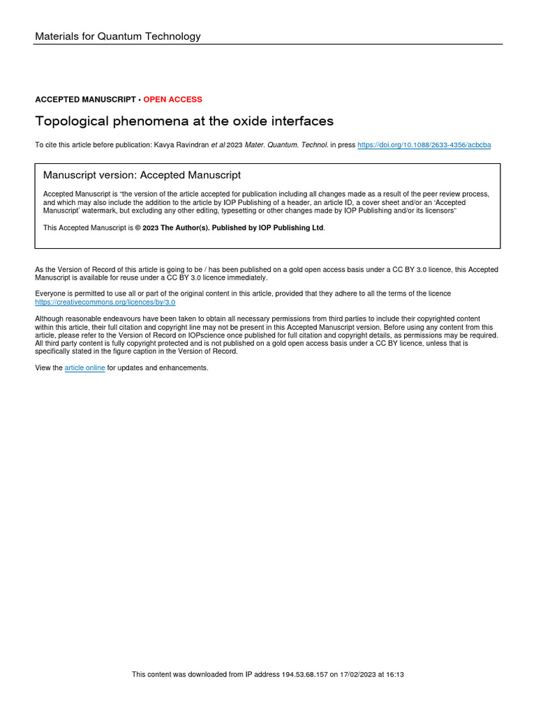 Topological Phenomena at The Oxide Interfaces | PDF | Ferromagnetism | Magnetism