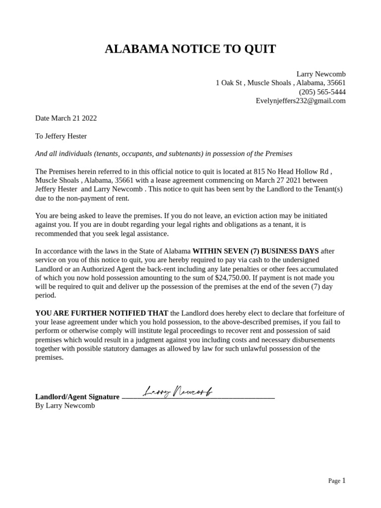 Alabama-Eviction-Notice-Notice-to-Quit-Form - 2022 - 03 - 25 2 | PDF