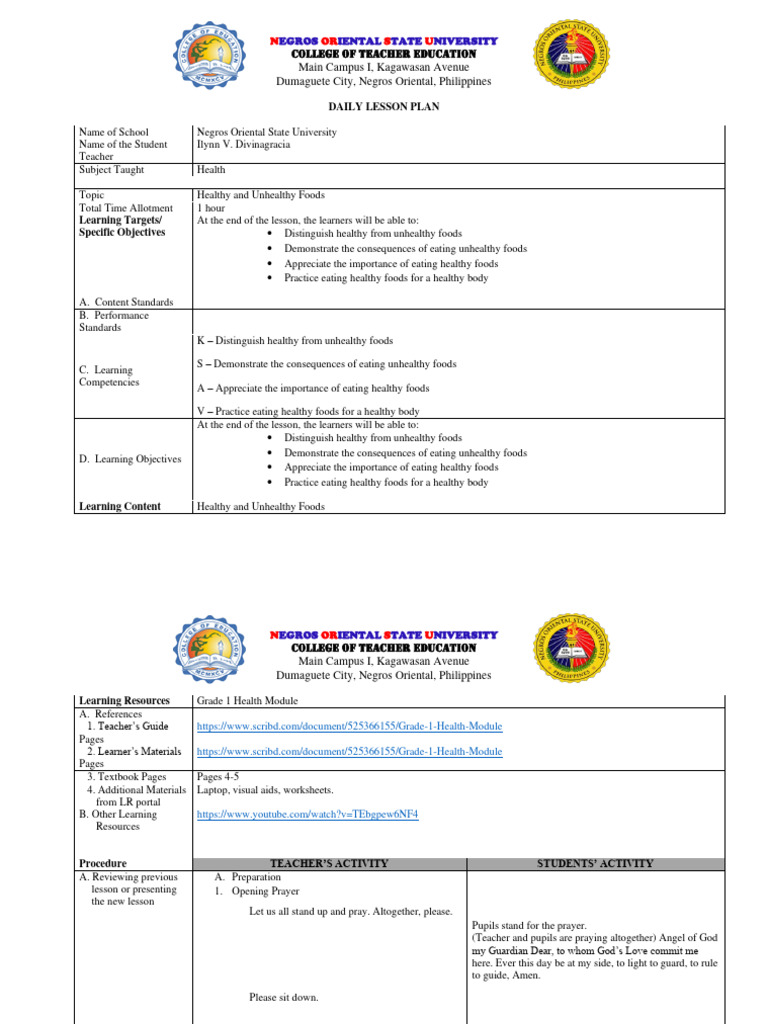 Healthy and Unhealthy Foods | PDF | Lesson Plan | Teachers
