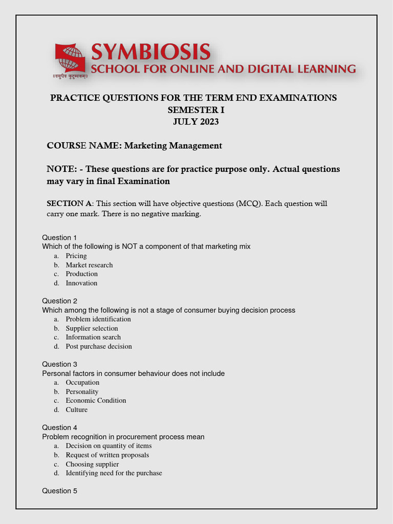 Practice Questions For The Term End Examinations Semester I JULY 2023 ...