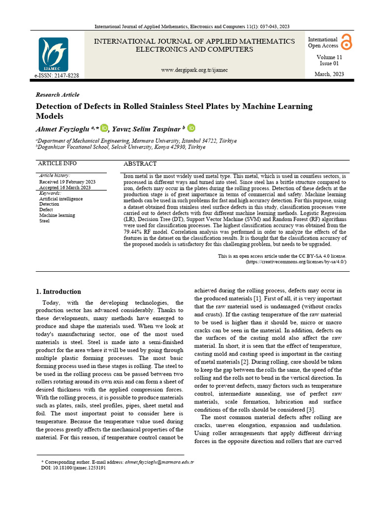 Detection of Defects in Rolled Stainless Steel Plates by Machine ...
