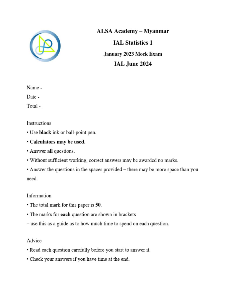 IAL Statistics 1 May 2023 Mock Exam (IAL June24) | PDF