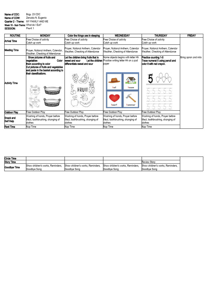 Pre-K Weekly Routine and Activities | PDF | Food And Drink | Foods