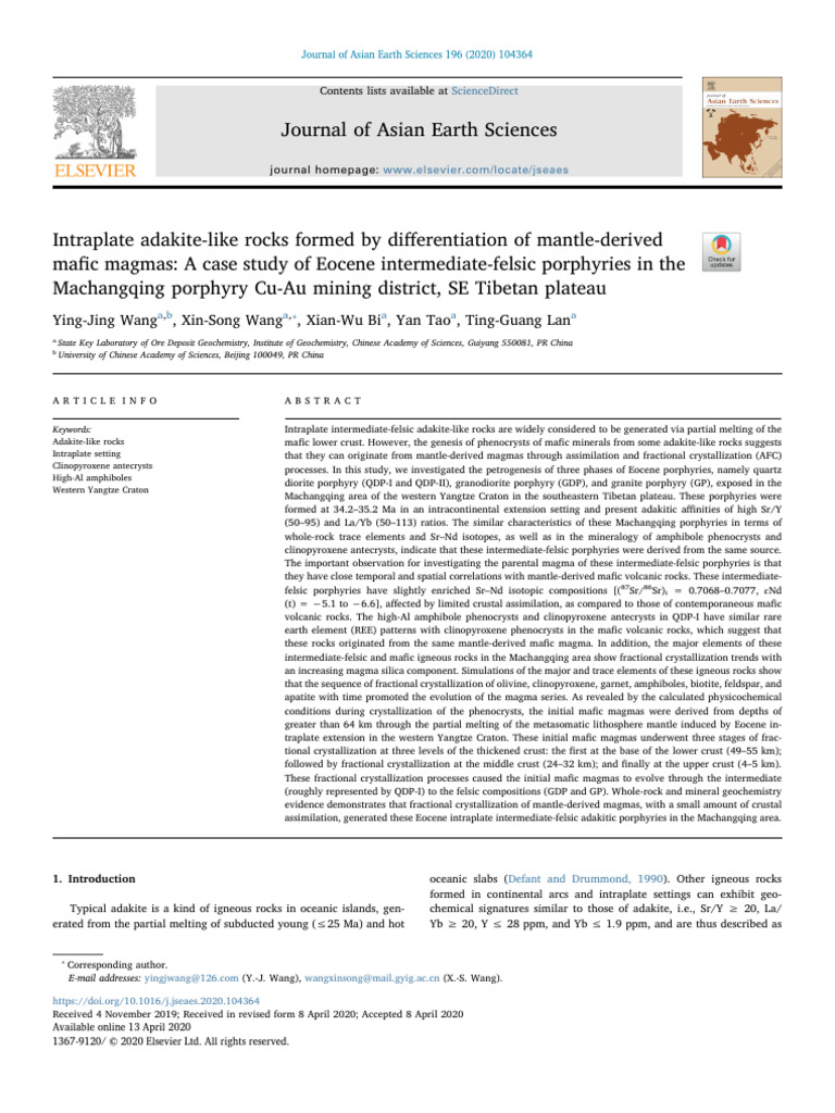 Intraplate Adakite-Like Rocks Formed by Differentiation of Mantle ...