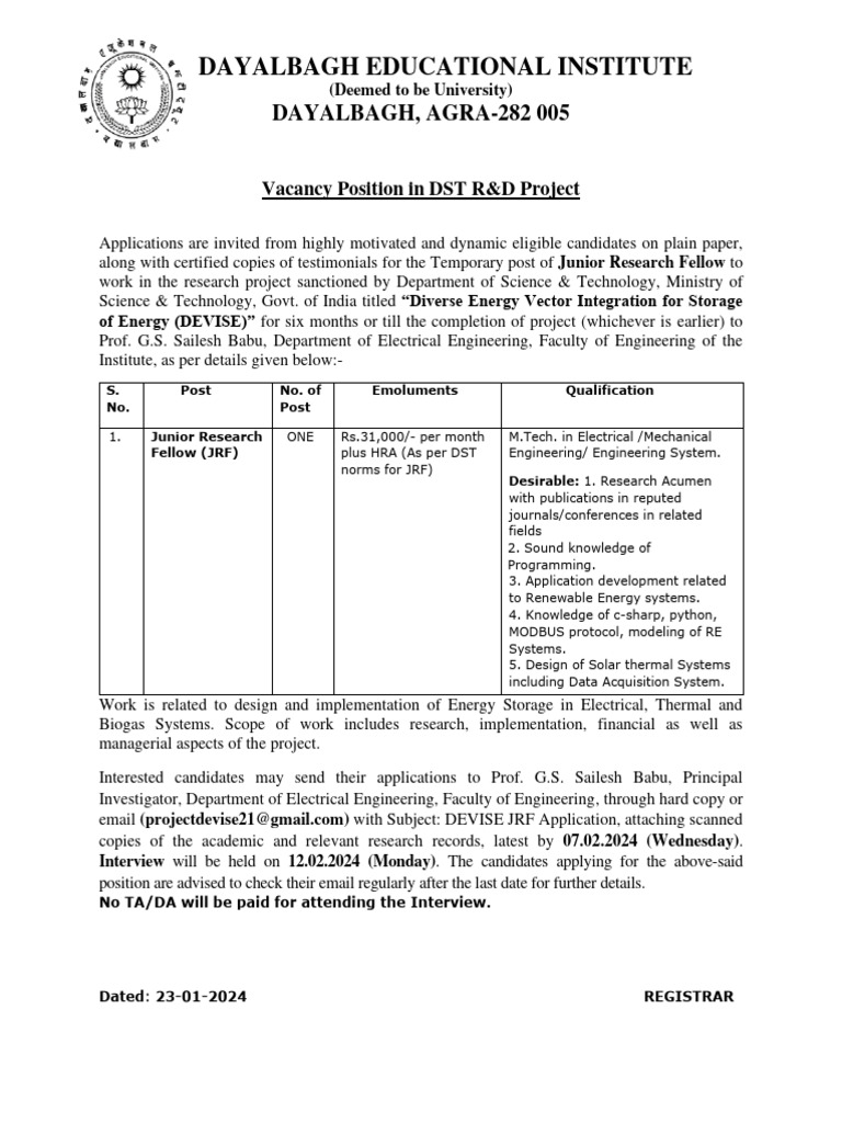 Vacancy in DST R&D Project - 2024 | PDF