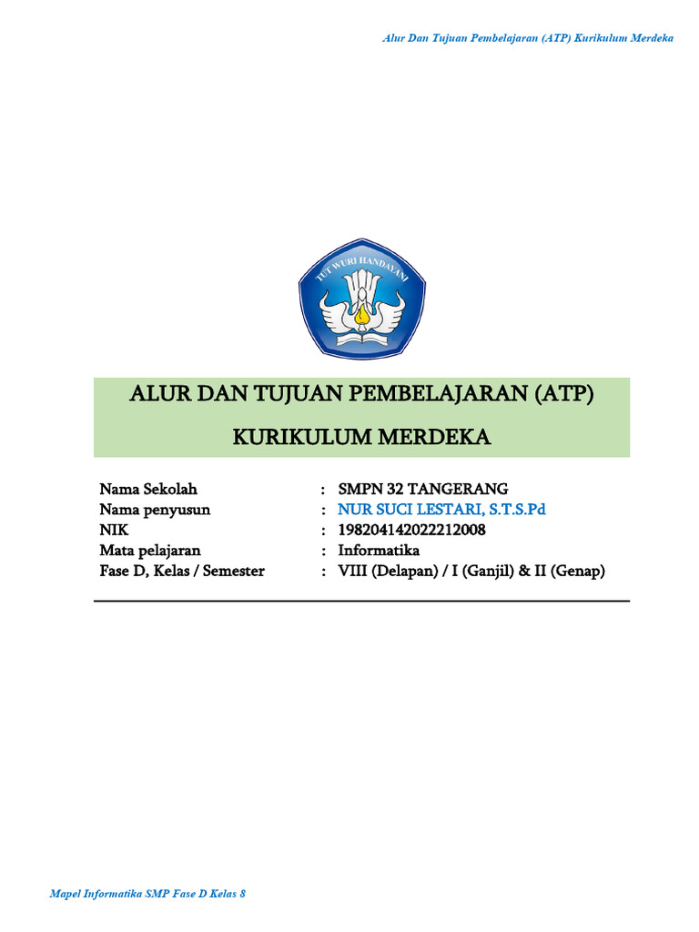 Alur Tujuan Pembelajaran (Atp) 2023 - 2024 - Informatika - Kelas 8 - Nur Suci Lestari | PDF
