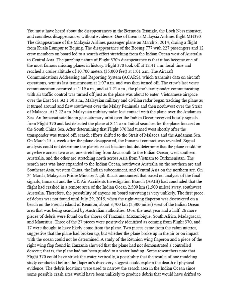An Unsolved Mystery | PDF | Malaysia Airlines Flight 370 | Aviation