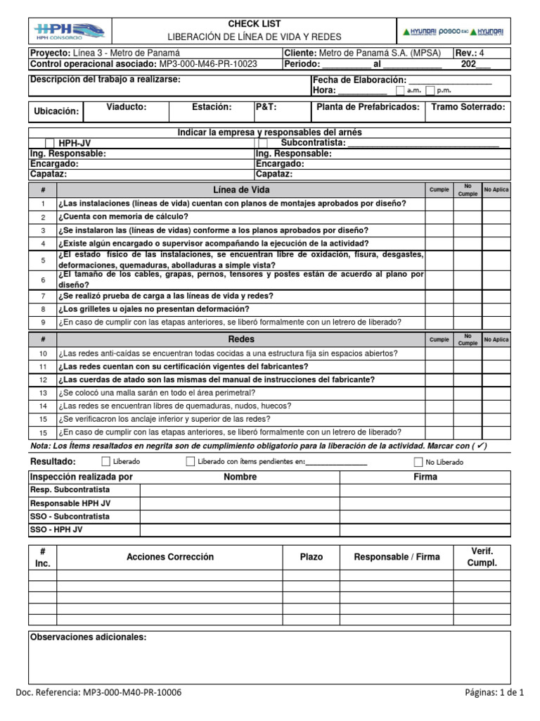 Check-List-Liberación Línea de Vida y Redes-4-1 | PDF