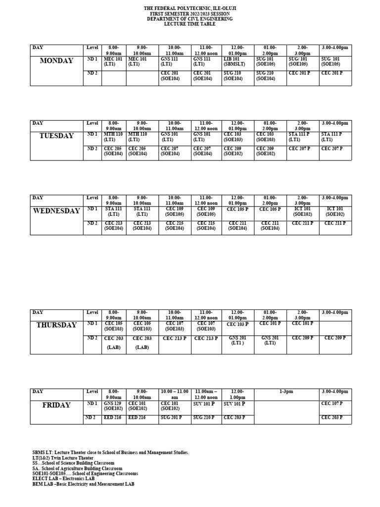 First Semester Time Table Civil Engineering 2023 | PDF | Physical Sciences
