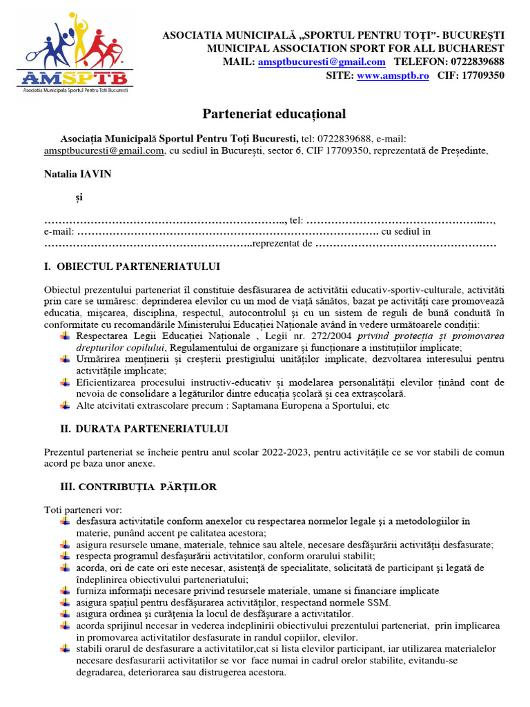 PARTENERIAT EDUCATIONAL 2022-2023 Ses Amsptb | PDF