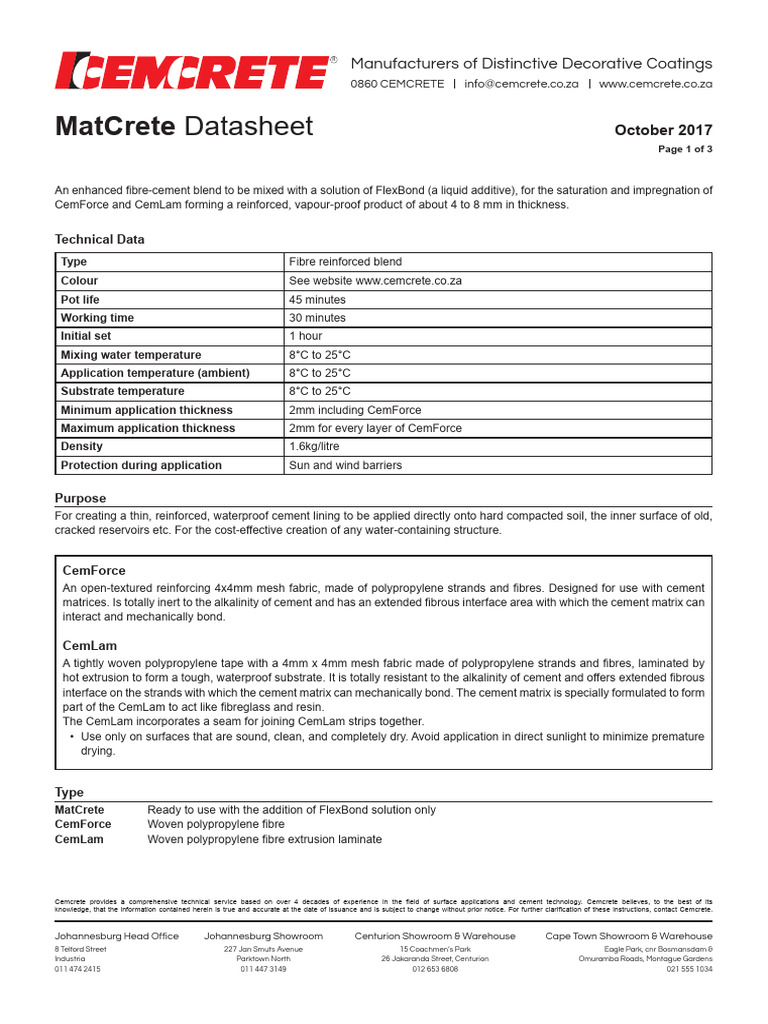 MatCrete Datasheet | PDF | Lamination | Cement
