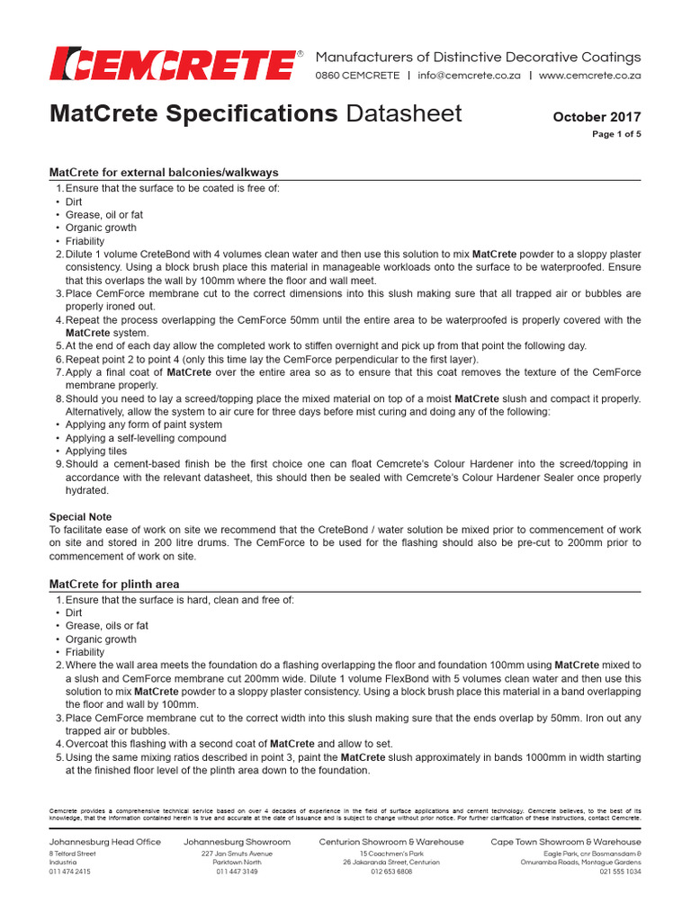 MatCrete Waterproofing Guide | PDF | Plaster | Roof