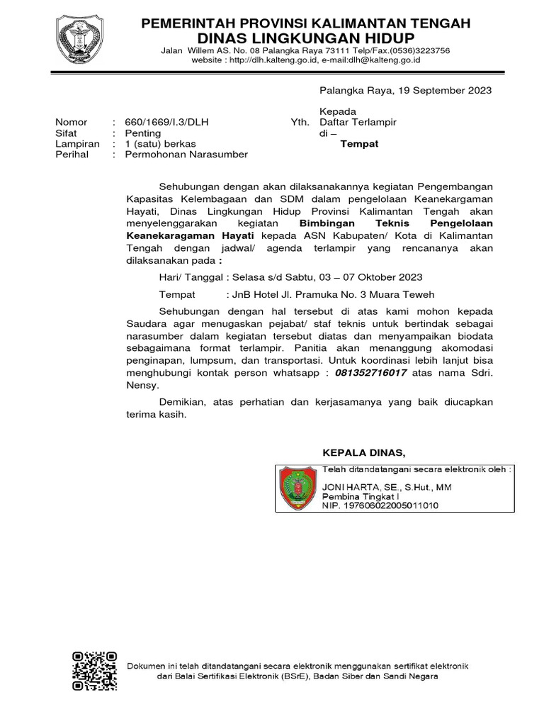 Surat Permohonan Narasumber Zona 3 Kabupaten Barito Utara - Sign | PDF