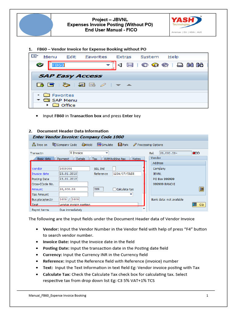 JBVNL - Manual - FB60 - Expense Invoice Booking - C | PDF