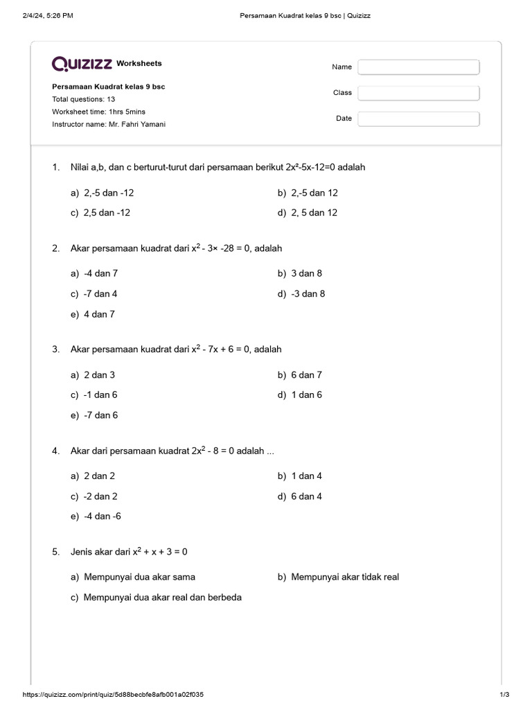 Latihan Soal Persamaan Kuadrat 4 | PDF
