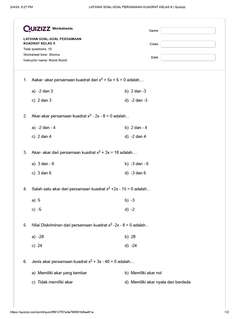 Latihan Persamaan Kuadrat Kelas 9 | PDF