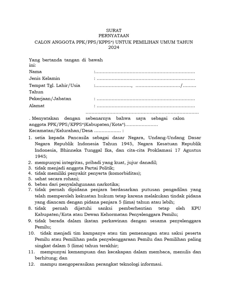 Surat Pernyataan KPPS | PDF