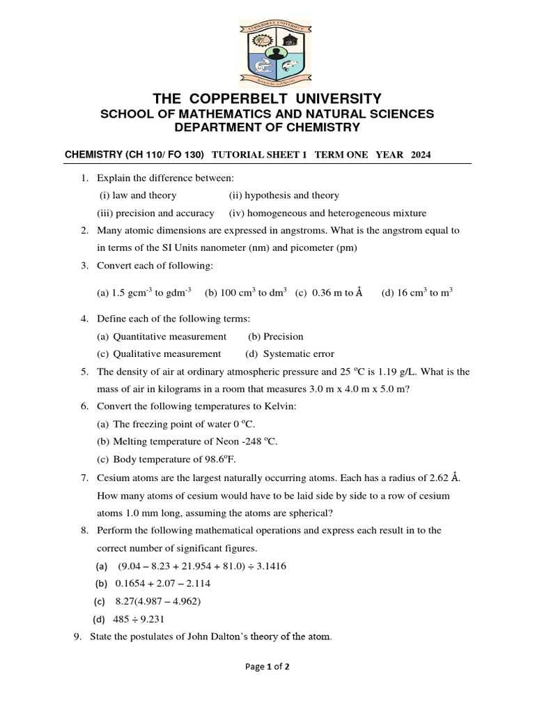 CH 110. Tutorial Sheet 1-2024 (Introduction To Chem) - FM 2024. | PDF