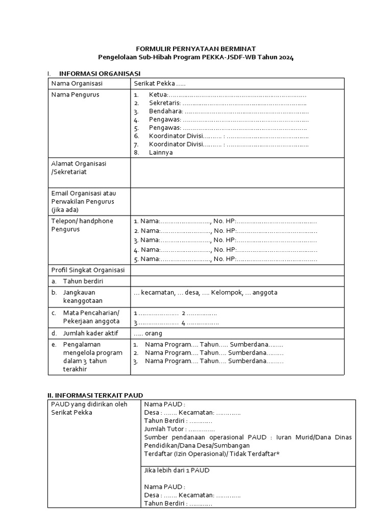 Formulir Pernyataan Berminat - Program PEKKA 2024 | PDF