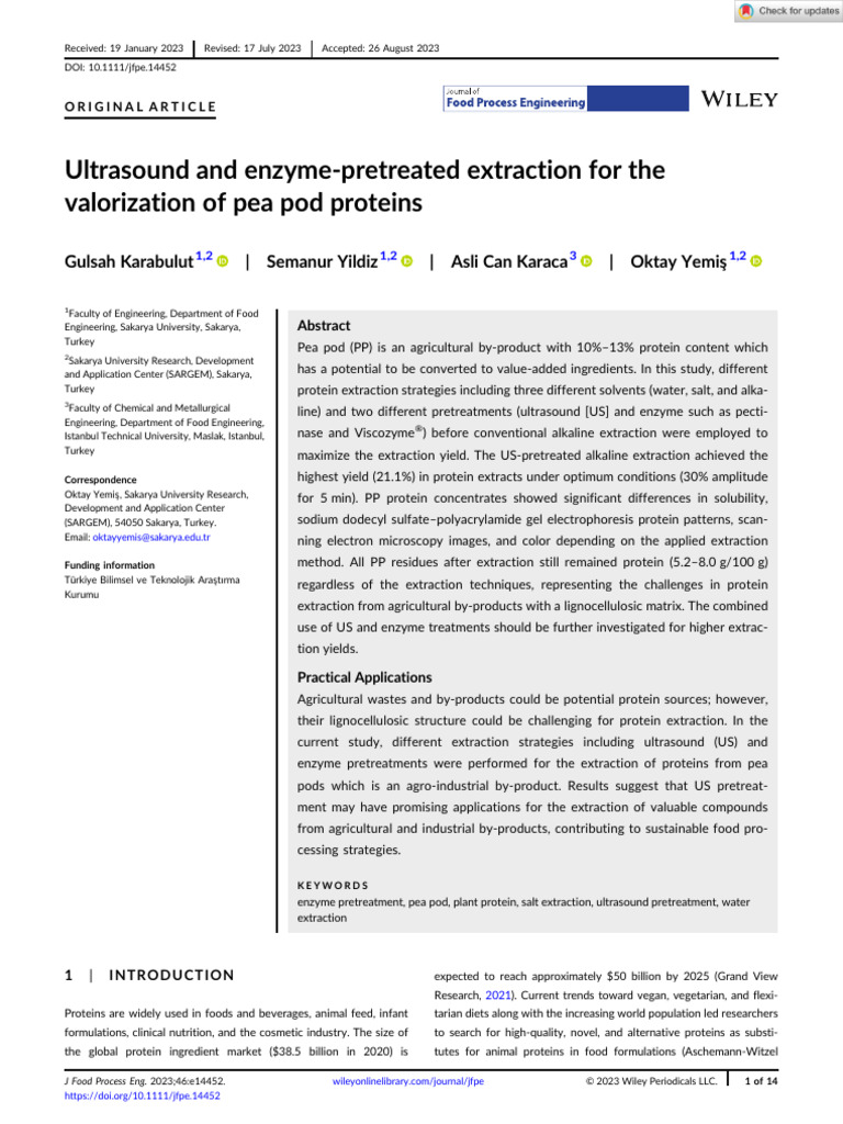 J Food Process Engineering - 2023 - Karabulut - Ultrasound and Enzyme ...