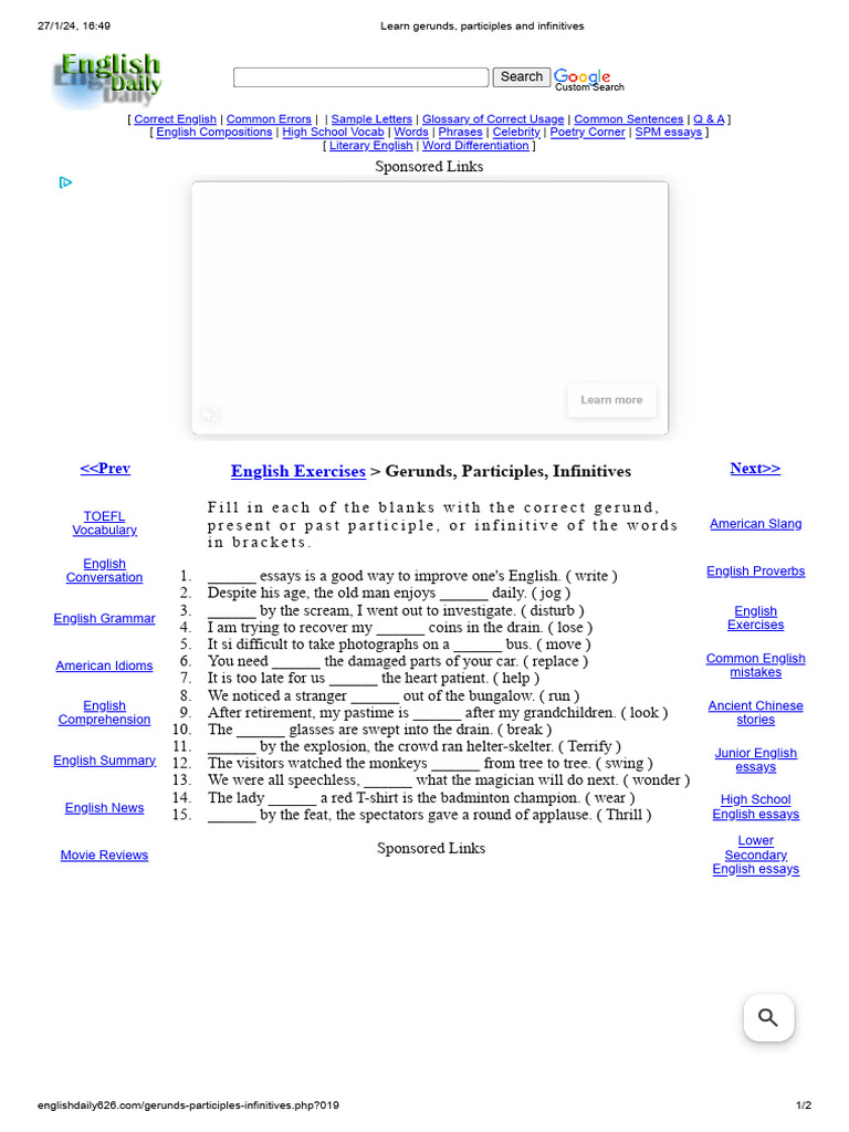 Mastering Gerunds, Participles, Infinitives | PDF
