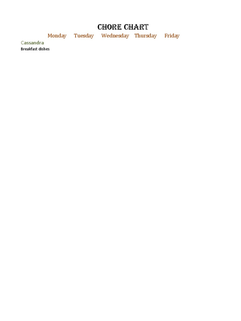 Chore Chart: Monday Tuesday Wednesday Thursday Friday | PDF