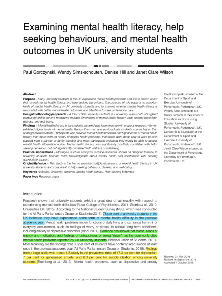 ART 4 Examining Mental Health Literacy in UK Universities | PDF