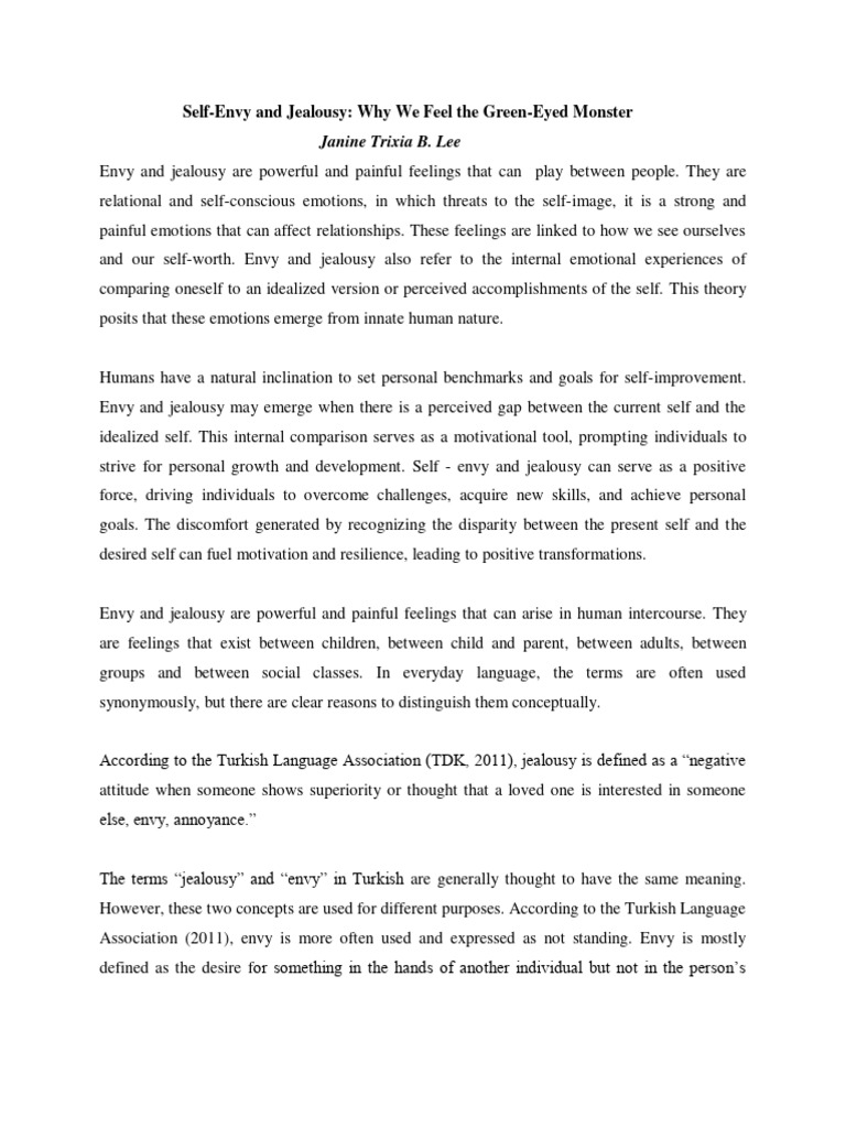 Self Envy and Jealousy Theory. | PDF | Jealousy | Envy